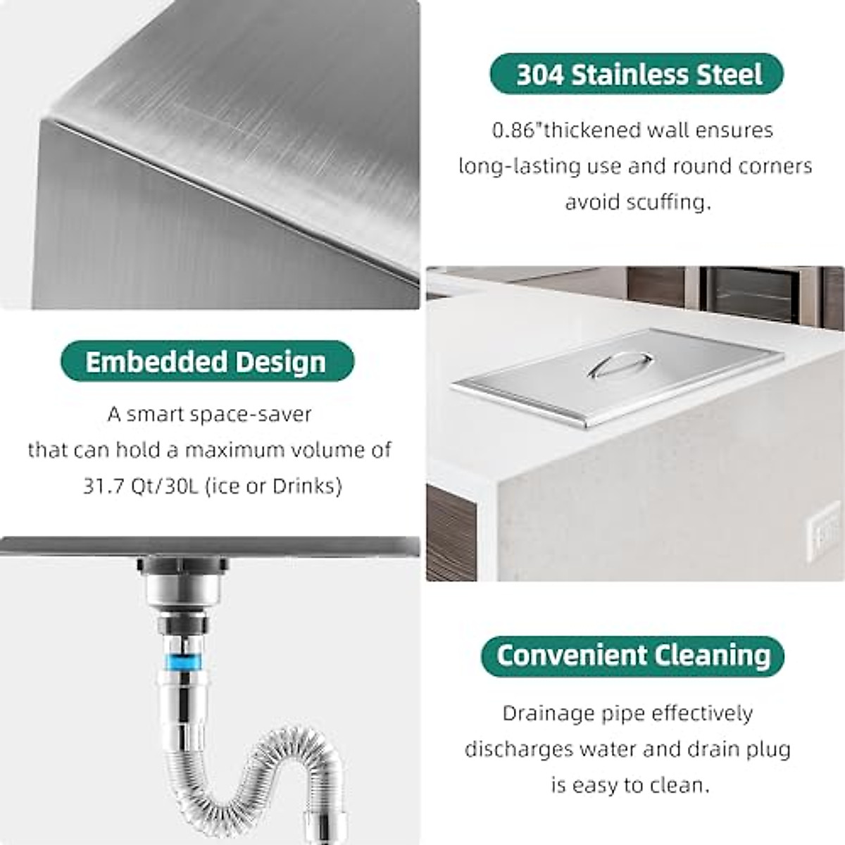 YITAHOME Drop in Ice Chest 47L/ 49.7Qt, 22''L x 17''W x 12''H with Cover, 304 Stainless Steel Drop in Cooler, Drop in Ice Bin for Cold Wine Beer, Included Drain pipe and Drain Plug