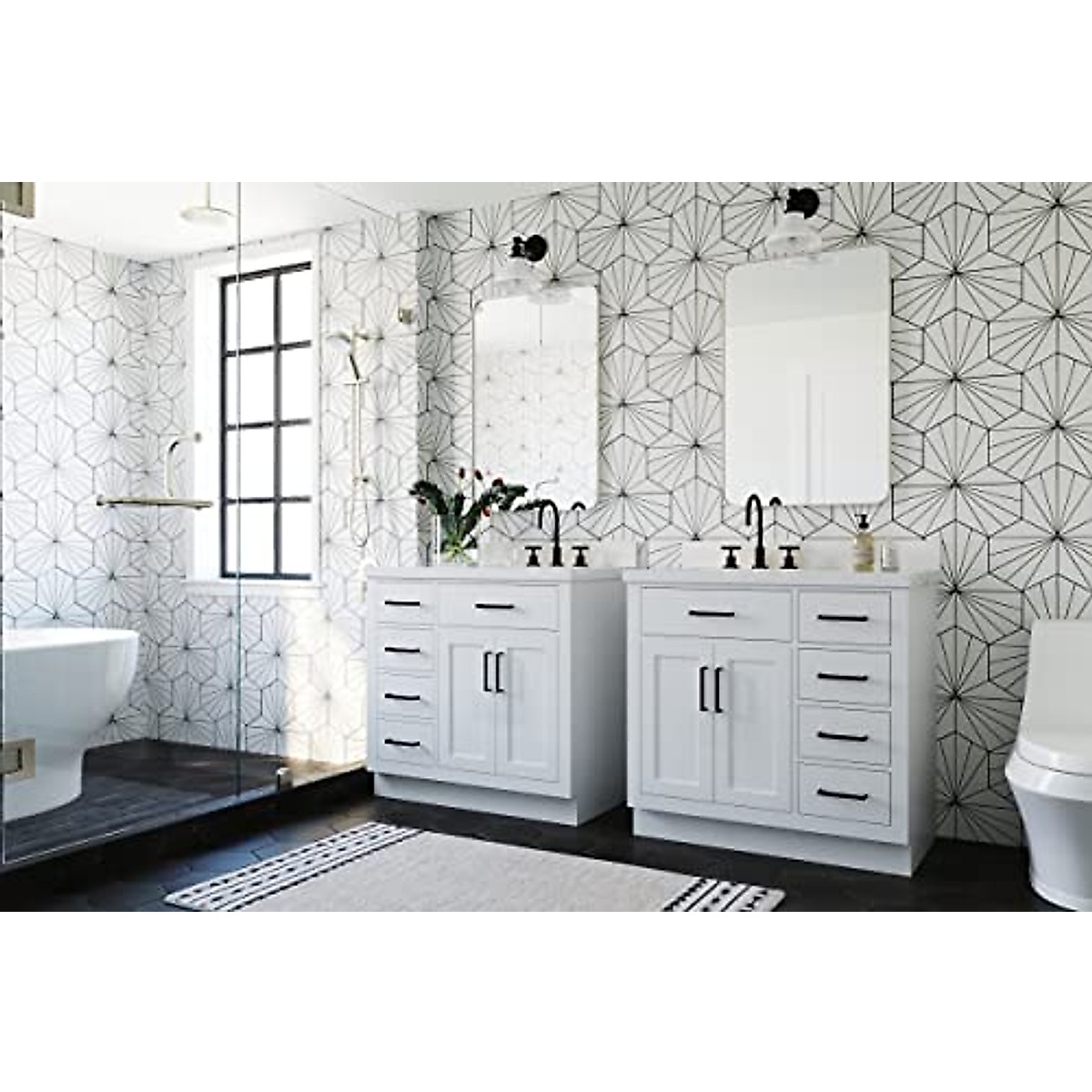 ARIEL Hepburn Bathroom Vanity Base Cabinet 36" White, Right Offset Sink Configuration, 2 Soft Closing Doors, 5 Full Extension Dovetail Drawers, Toe Kick, Matte Black