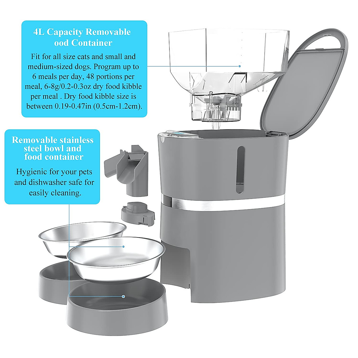 Automatic Cat Feeder, HoneyGuaridan Pet Feeder for Multiple Cats&Dog Food Dispenser with Splitter,Portion Control and Voice Recording Dual Power Apply Food Alarm (Two Way Pet Feeder)