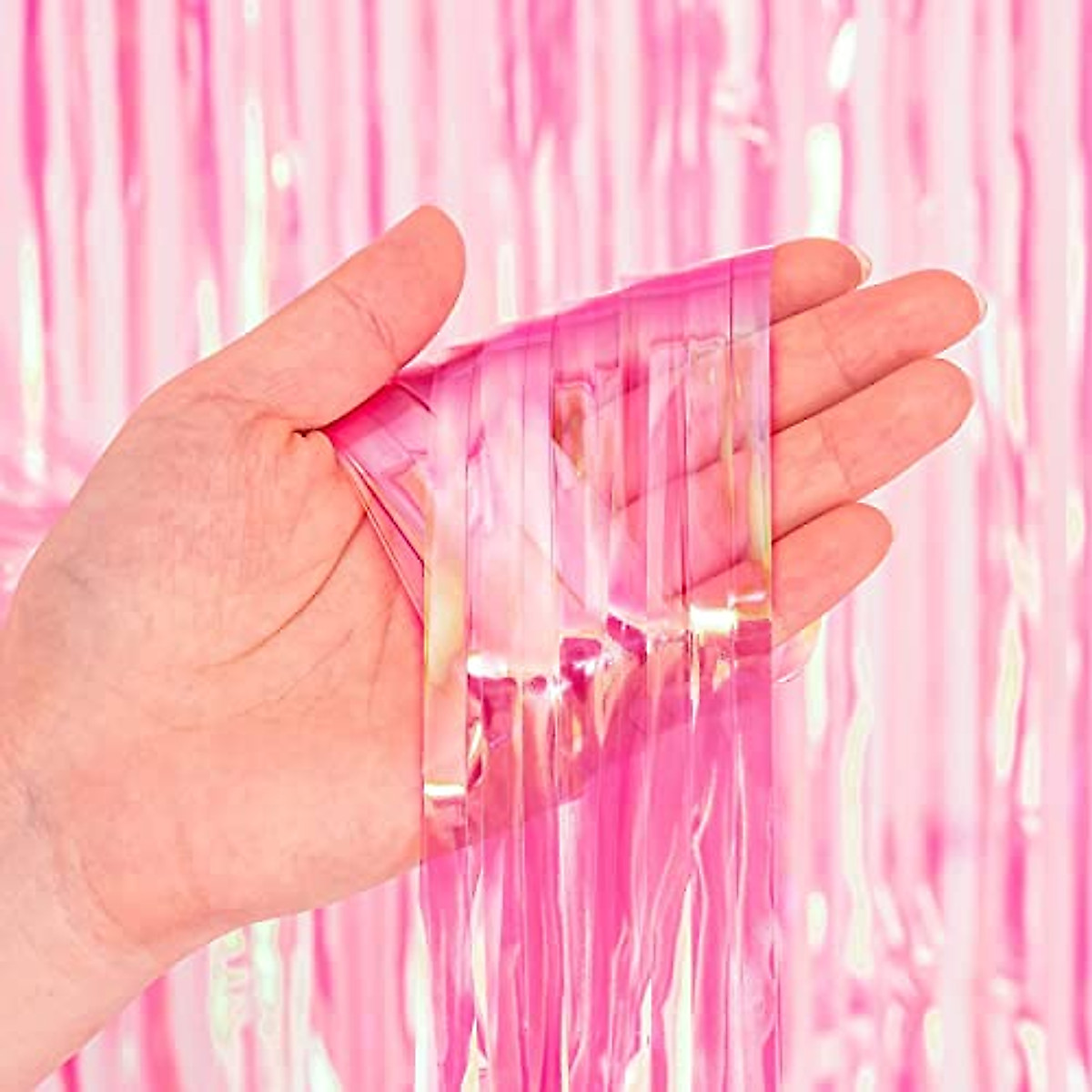 BRAVESHINE Foil Fringe Curtains Party Decorations - Clear Pink Metallic Tinsel Photo Booth Streamer Backdrops for Birthday Baby Showers Unicorn Weeding Bachelorette Graduation Backdrop - 4 Packs 3.2 x