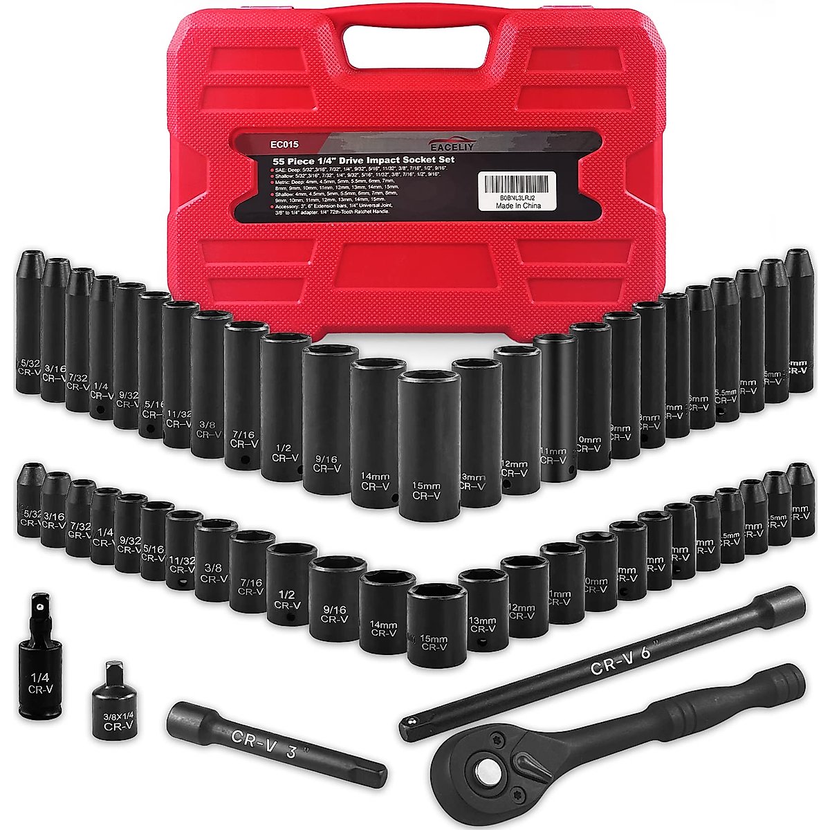 EACELIY 55pcs 1/4" Impact Socket Sets,SAE/Metric, Deep/Shallow, 6 Point，Cr-V Steel，(5/32"-9/16", 4-15mm) Sockets with 72 Tooth Ratchet，Extension bar，Universal Joint and Socket Adapter
