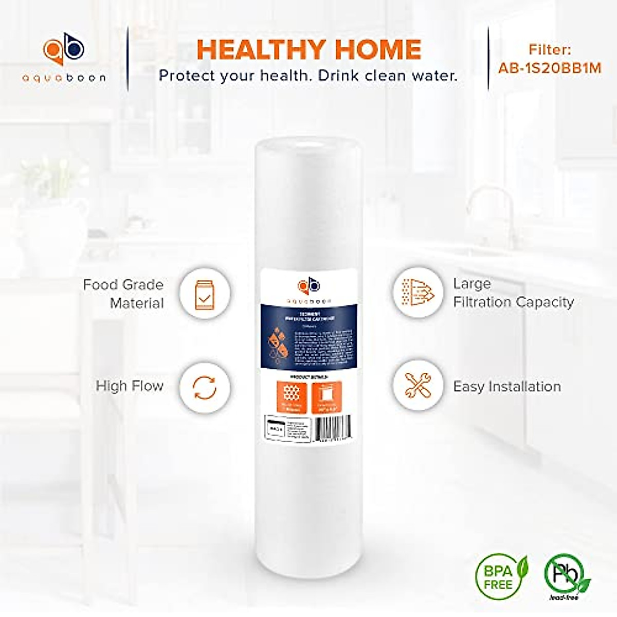 Aquaboon 1 Micron 20" x 4.5" Sediment Water Filter Replacement Cartridge | Whole House Sediment Filtration | Compatible with AP810-2, SDC-45-2005, FPMB-BB5-20, P5-20BB, FP25B, 155358-43, 4 Pack