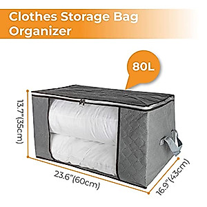 3 Pack, 80L, Large Capacity Clothes Storage Bag Organizer with Reinforced Handle Thick Fabric for Comforters, Blankets, Bedding, Foldable with Sturdy Zipper, Clear Window