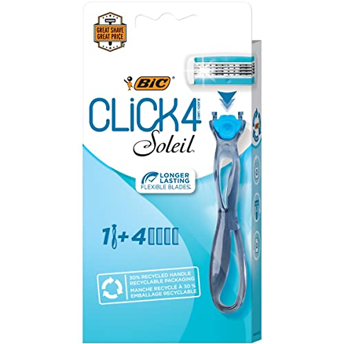 BIC Soleil Bella Click Women's 4-Blade Disposable Razor, 1 Handle and 4 Cartridges