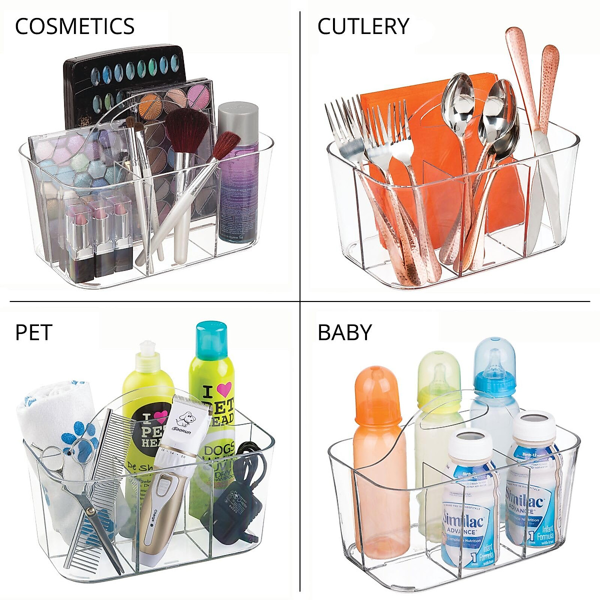 mDesign Plastic Cutlery Storage Organizer Caddy Bin Tote with Handle - Kitchen Cabinet Divided Pantry Basket for Forks, Knives, Spoons, Napkins, Indoor/Outdoor Use, Lumiere Collection, Clear