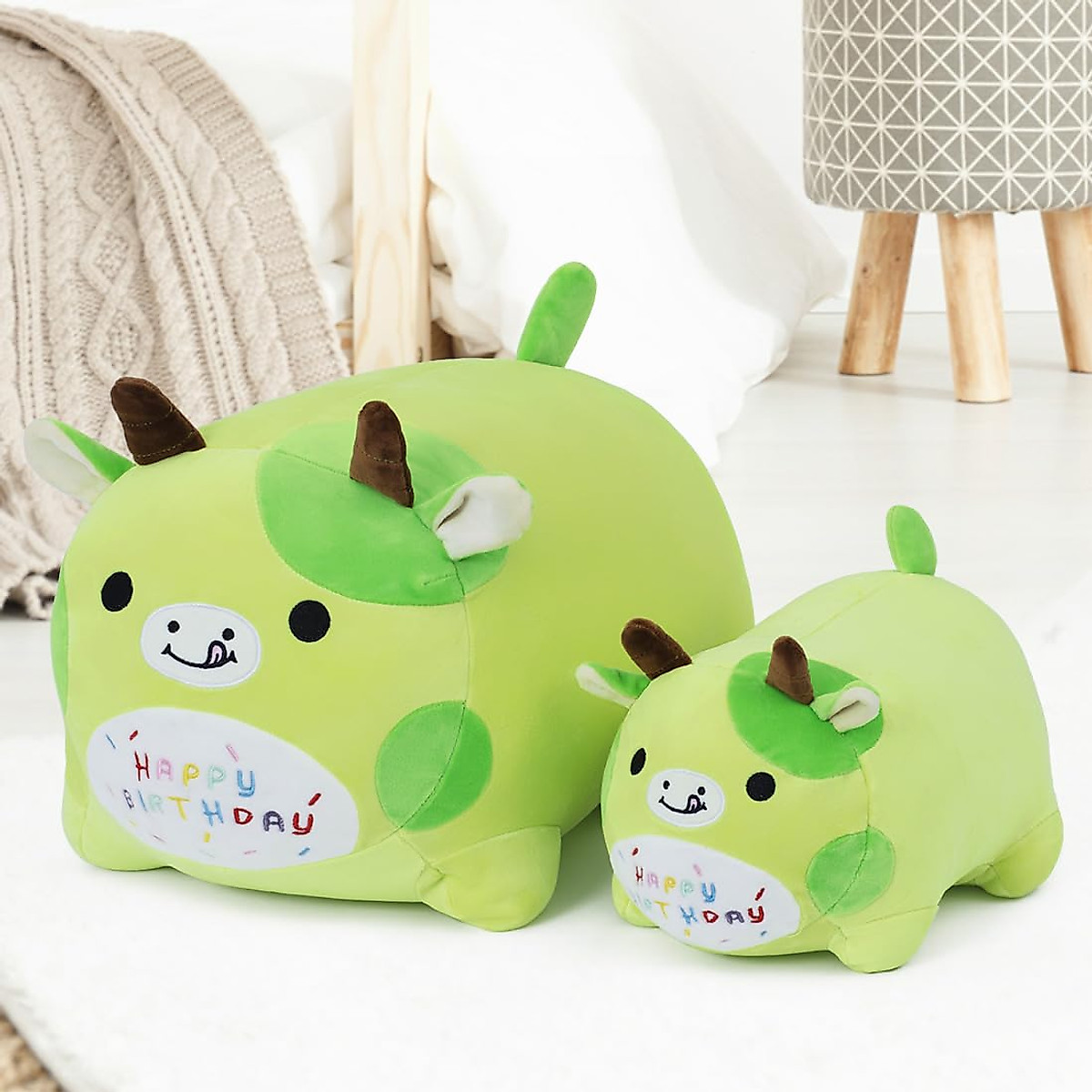 Yeqivo Birthday Cow Plush Pillow Stuffed Animal Toy, Green Birthday Cartton Cow Plush Stuffed Animals, Soft Animal Plush Pillow for Kids(Cow, 25cm/9.8inch)