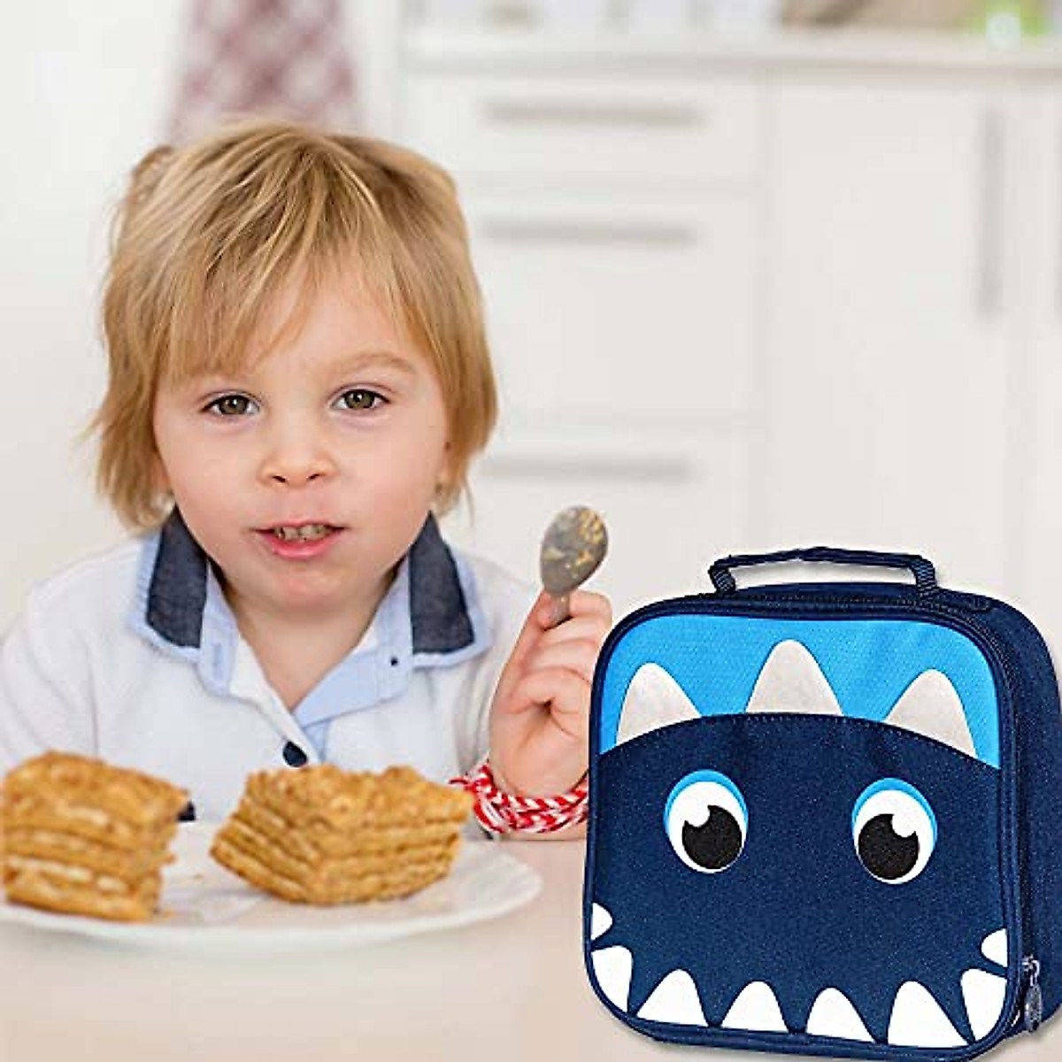 KLFVB 3PCS Boys Backpack, 15" Dinosaur Bookbag with Lunch Box, Kids Preschool School bag for Elementary Students - Blue