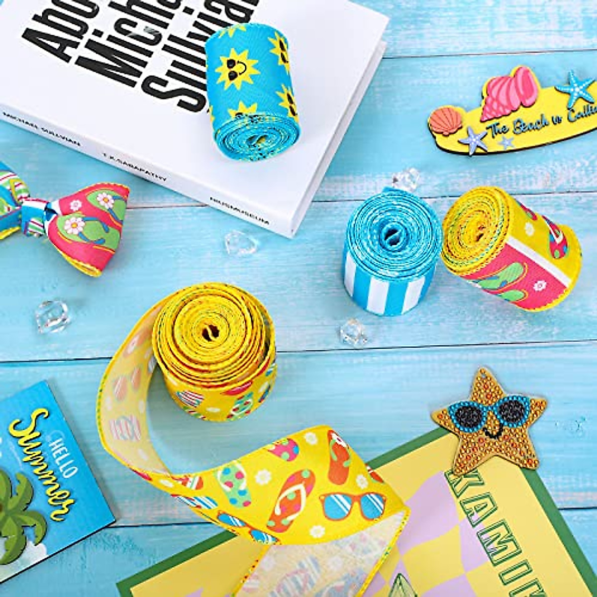 Whaline 4 Rolls Summer Wired Ribbon 24 Yards Flip Flop Fabric Decorative Ribbon Summer Theme Sunshine Fabric Ribbon Beach Party Stripe Craft Ribbon for Summer Wreath Bow DIY Craft Wrapping, 2.5 Inch