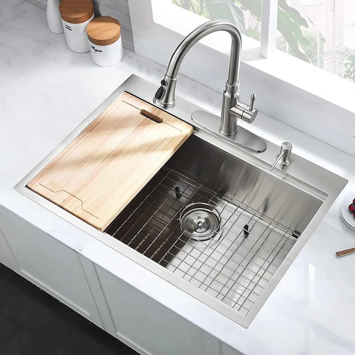 BoomHoze 33-inch Kitchen Sinks, 33x22 Drop In Kitchen Sink 304 Stainless Steel Sink Single Bowl Top Mount Workstation Kitchen Sink 16 Gauge Handmade Deep Kitchen Sink with Cutting Board