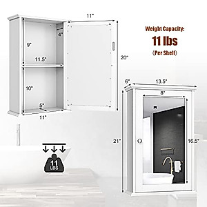 RELAX4LIFE Wall Mounted Bathroom Cabinet, 2-in-1 Mirror Medicine Cabinet w/ 3 Heights Adjustable Shelf & Single Mirror Door Storage Cabinet Over-The-Toilet Storage Organizer (White)