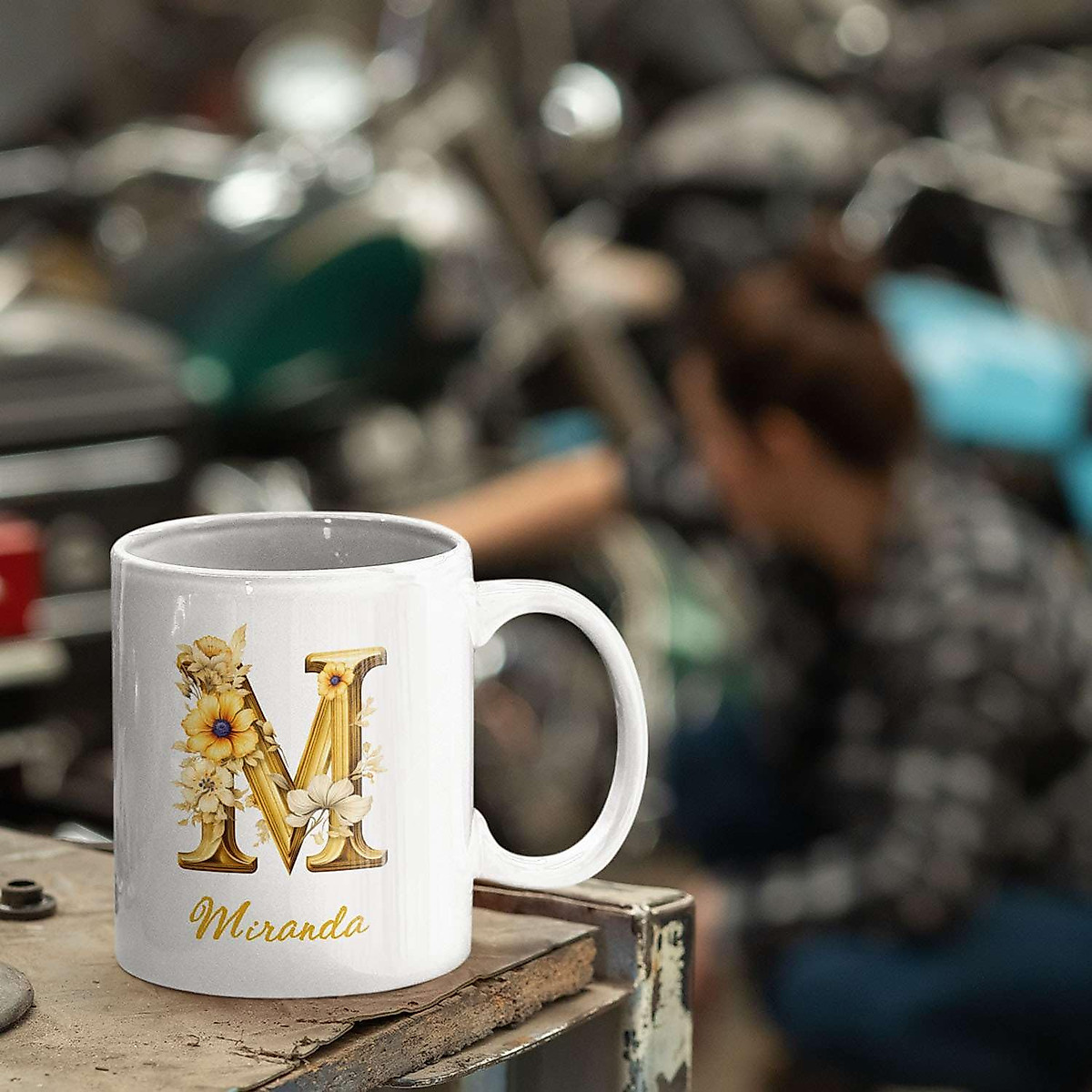 Personalized Floral Initial Letter M Name Ceramic Cups - Customized Name White Tea Mugs Presents - Floral Letter M Alphabet Coffee Mugs - Monogram Wedding Gifts For Bride And Groom