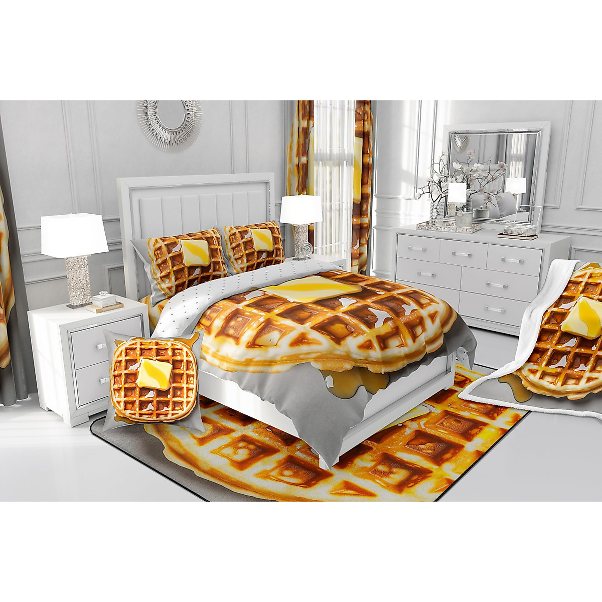 Erosebridal Waffles Comforter Cover Food Theme Bedding Set for Boys Girls Teens,Cream Dessert Duvet Cover Novelty Funny Biscuit Quilt Cover with Zipper Soft Cozy Bedroom Decor Queen Size