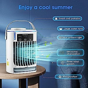 Portable Air Conditioners,Portable ac with 3 Speeds, Air Conditioner Portable for Room with Ultrasonic Mist Maker & Blue Light, Desk Fan with 500ML Tank for Home Office Camping