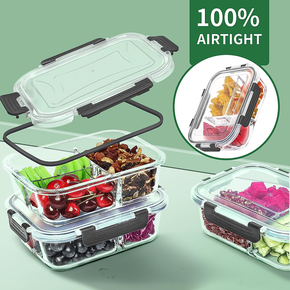 Skroam 5-Packs 36OZ Glass Airtight Food Storage Containers 3 Compartments, Glass Meal Prep Container Set with Lids for Pantry Kitchen Organizers and Storage, BPA Free Glass Lunch Boxes Bento