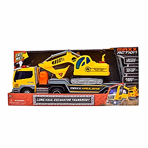 Maxx Action 17’’ Vehicle Transport with Excavator – Bright Lights and Construction Sounds | Friction Powered Trailer | 3 Piece Toy Playset for Kids | Yellow Construction Truck for Kids