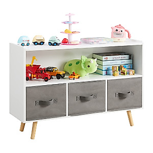 GTOLV Toy Storage Organizer, Kids Bookshelf with Collapsible Fabric Drawers and Pine Legs, Perfect for Organizing Toys and Books in Playroom, Nursery or Children's Room