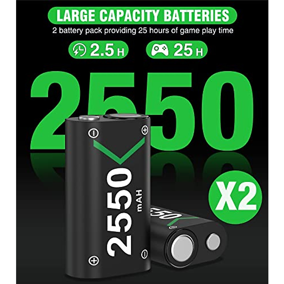 Mocagen Rechargeable Battery Pack for Xbox One/Xbox Series X|S Controller Battery, 2 X 2550mAh One S/Xbox X/Xbox Elite Batteries, 2 Pack-Green (Q08S-MG-US)