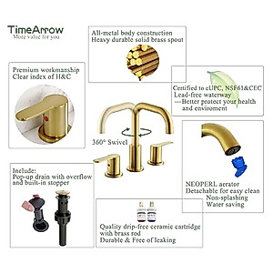 TimeArrow Brushed Gold 2 Handle 8 Inch Widespread Bathroom Sink Faucet with Pop-Up Drain, High Arc Modern Bathroom Vanity Lavatory Faucet 3 Holes with Brass 360° Swivel Spout, TAF830E-PB