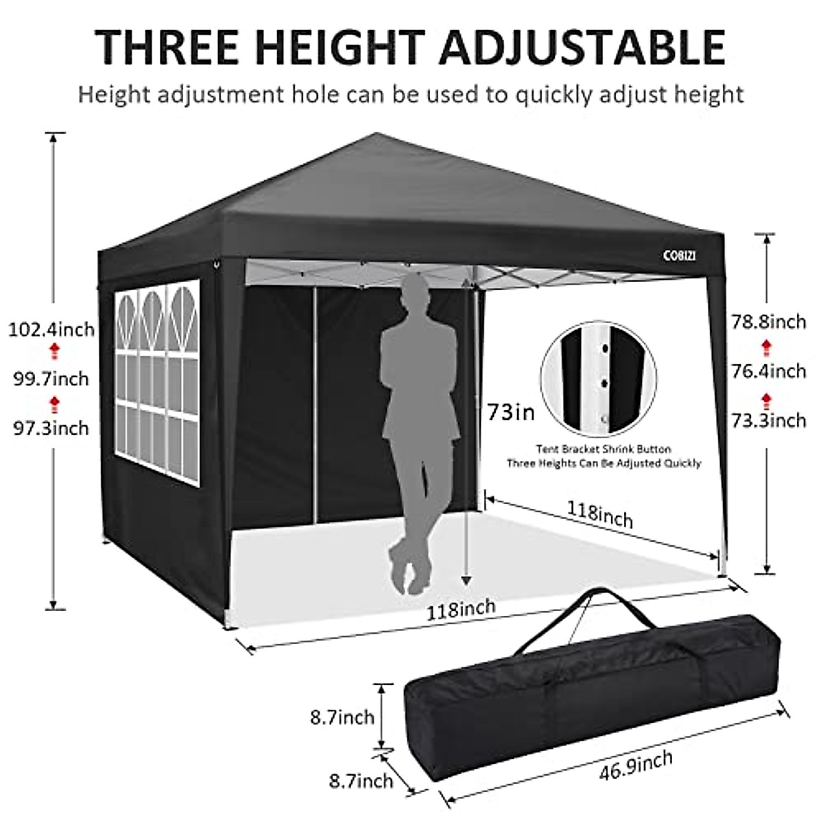 COBIZI 10'x10' Outdoor Canopy Tent, Beach Pop Up Canopy and Portable Gazebo Party Commercial Instant Shelter Tent Waterproof Canopies with 4 Sidewalls & Carrying Bag,Black