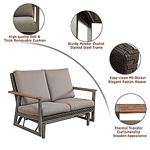 Festival Depot Patio Glider Metal Loveseat Chair Swing Bench with Cushions and Wicker Back Outdoor Furniture for Garden Backyard, Dark Grey