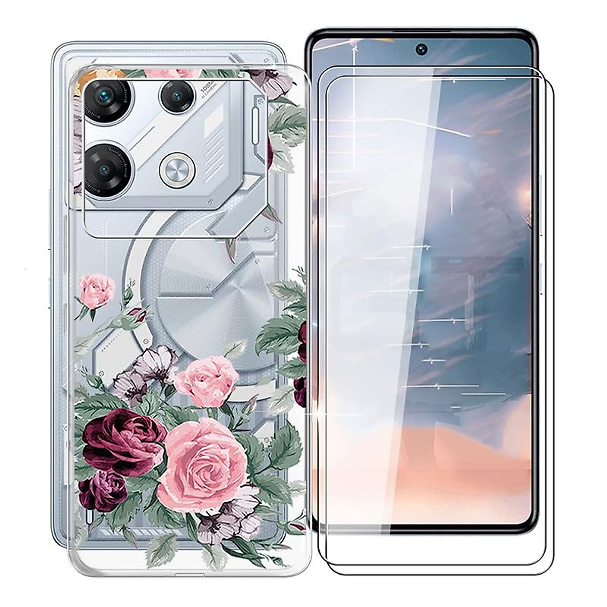 KJYFOANI for Infinix GT 10 Pro Case with 2 x Tempered Glass Screen Protector, Transparent Shockproof Solf Silicone Protection Case for Infinix GT 10 Pro, Case for Women Men, (6.67") - Rose Flower