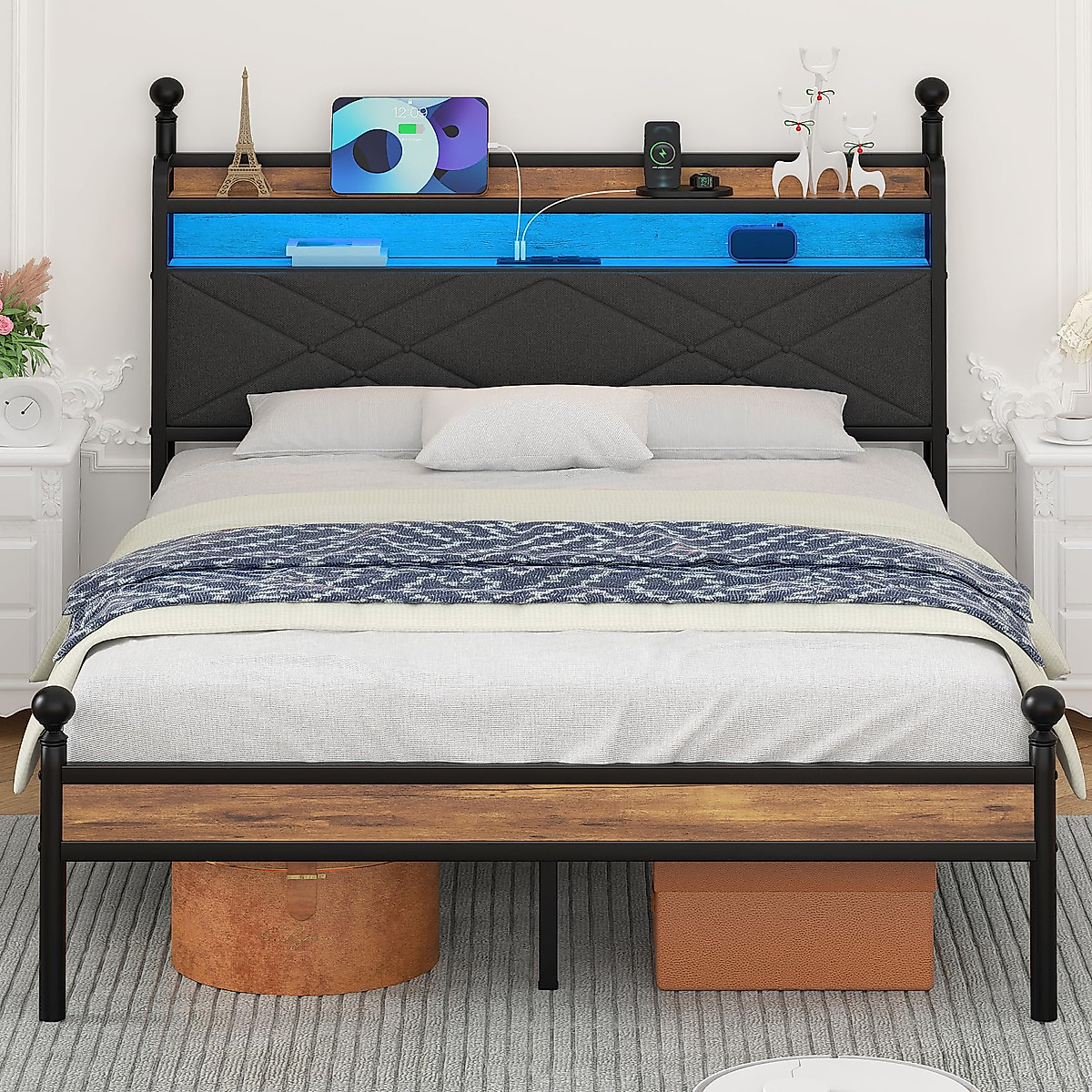 Winkalon Metal Bed Frame Queen Size Black Iron Platform with Modern Headboard and Footboard No Box Spring Needed, Under Bed Storage, Strong Slat Support (Canopy Bed Frames, Queen)