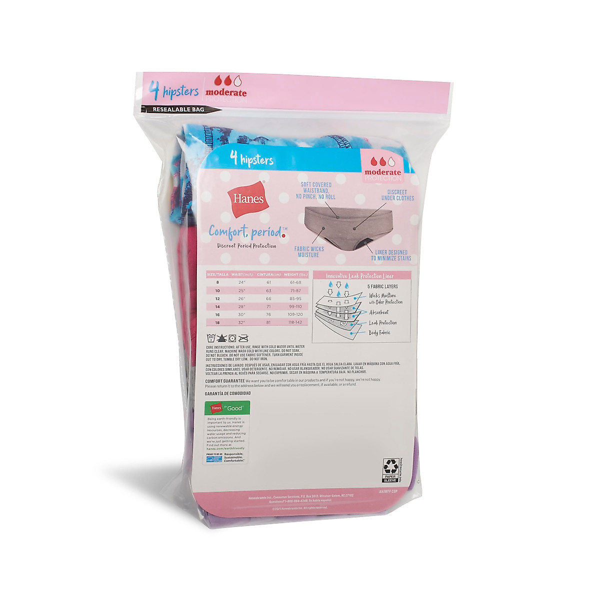 Hanes Girls Comfort Period Underwear, Boyshort And Panties, Moderate Protection, 4-pack Hipster, Hipster - Multi - 4 Pack, 8 US