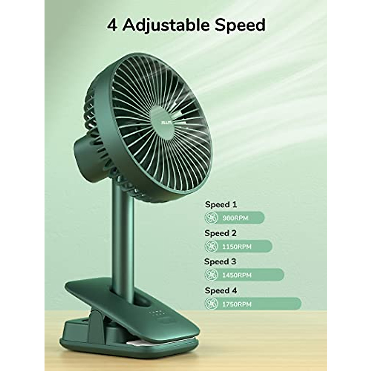 JISULIFE Clip on Oscillating Fan, 8000mAh Battery Operated Clip Desk Fan [5-28h], USB Rechargeable Table Fan with Clamp, 4 Speeds, Timer Shutdown，330°Rotate Clip Fan for Home Office Bed Stroller-Green