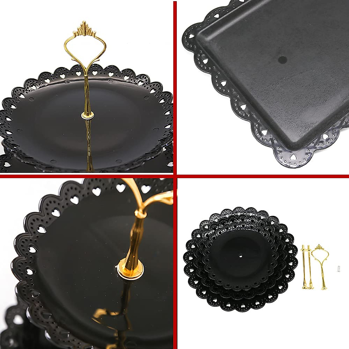 Set of 5 Party Cupcake Stand Includes 2 Pcs 3 Tier Cake Stand + 3 Rectangle Plastic Serving Trays for Wedding Birthday Baby Shower Tea Party (Black)