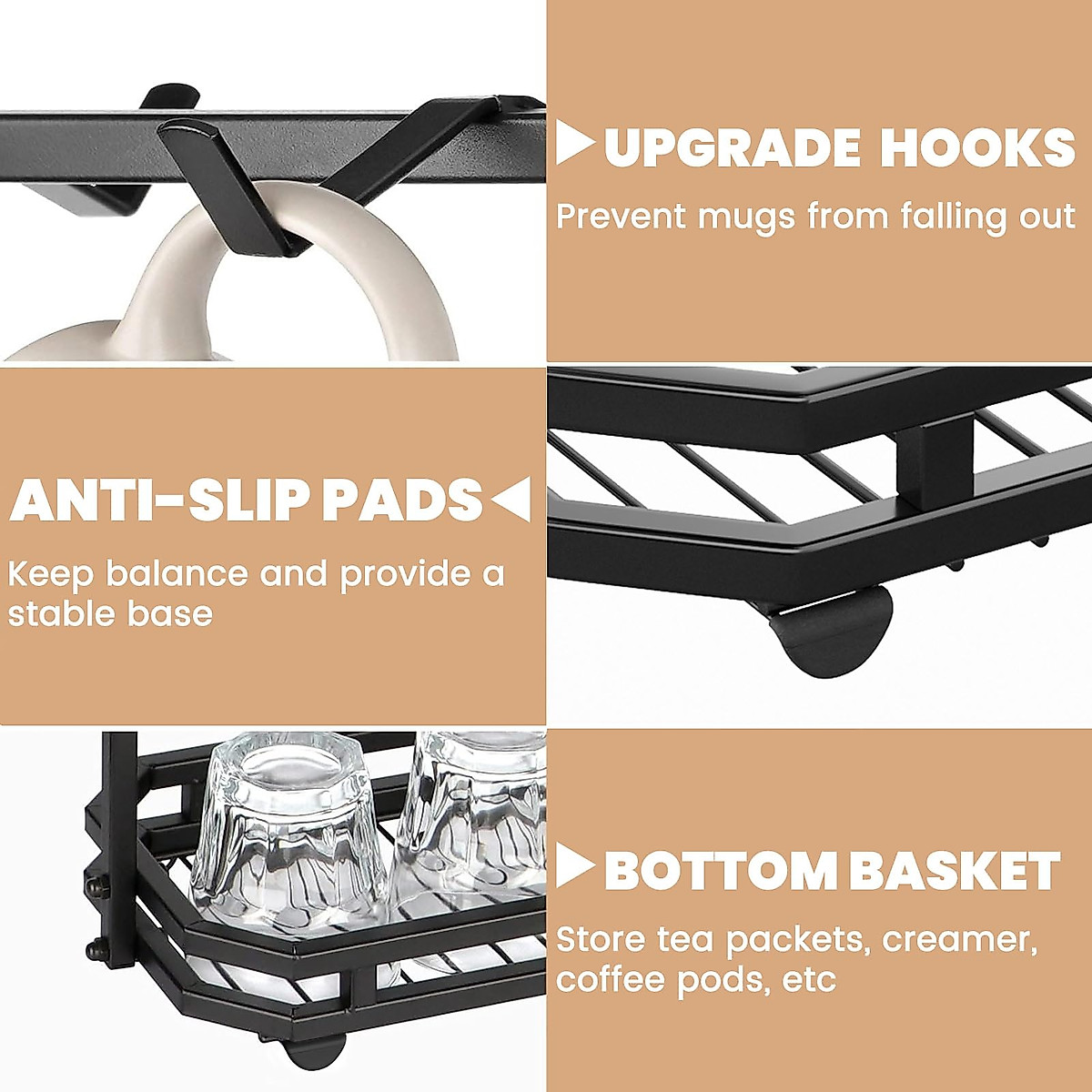 FANGSUN Large Coffee Mug Holder Stand Countertop, Mug Tree Rack for 14 Mugs, 2 Tier Counter Mug Display Storage, Metal Wire Tea Cup Holder for Coffee Station Kitchen Organizer, Not Included Mugs