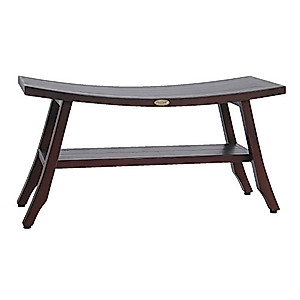 DecoTeak Satori Teak Shower Bench 34″ Long Eastern Style Wood Shower Bench with Curved Seat and Shelf Wooden Seat Shower Stool in Woodland Brown Finish