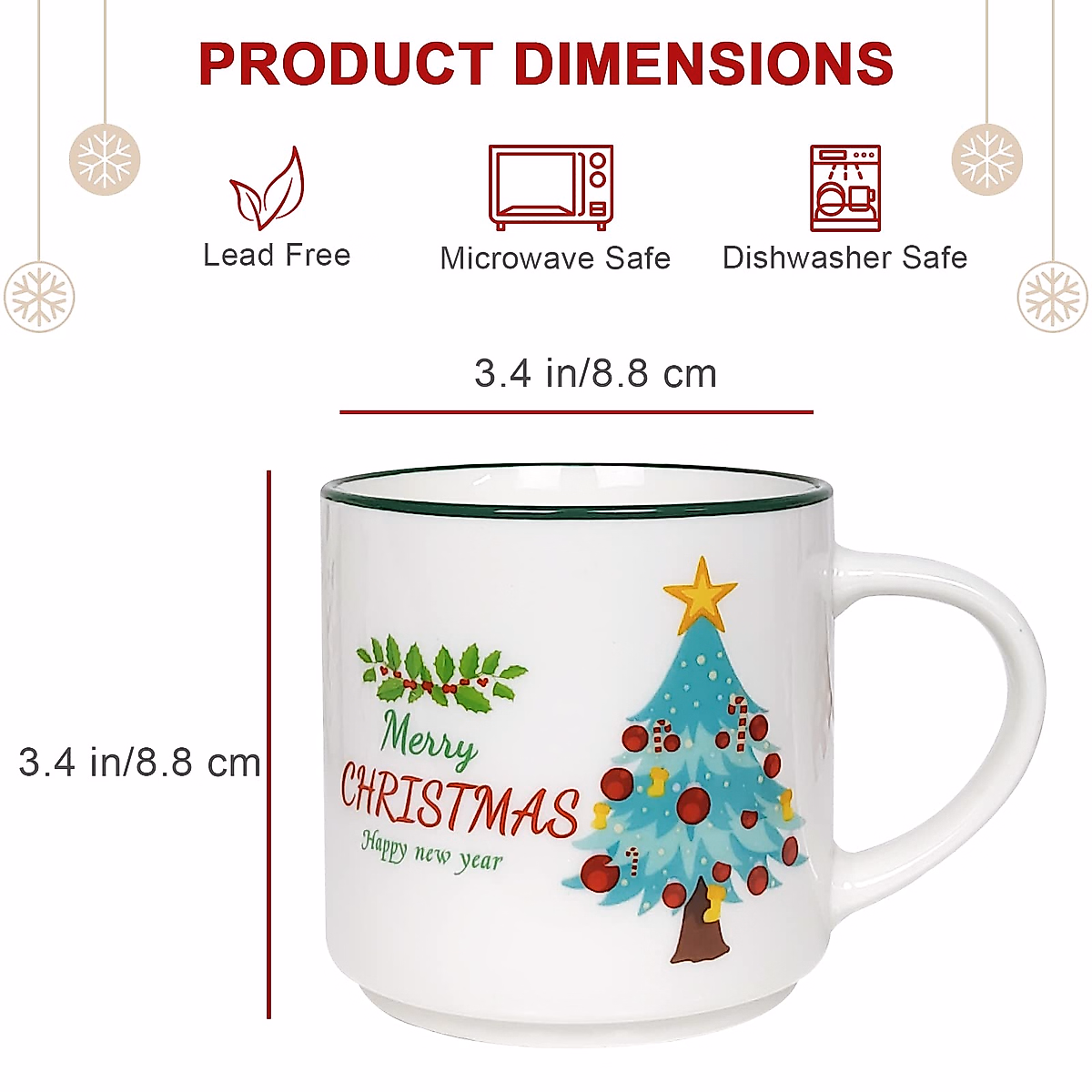 QIKSION Christmas Mugs Set of 6, 14oz Cute Ceramic Coffee Mugs, Stackable Christmas Coffee Mugs as Christmas Gifts for Family, Friends and Colleagues