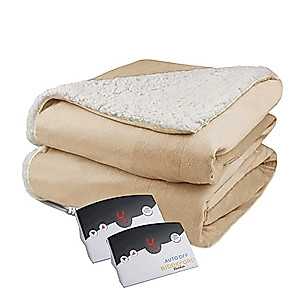 Pure Warmth Velour Sherpa Electric Blanket - Warm Twin Heating Blanket with 10 Hours Auto Shut Off and 10 Heat Settings - Linen