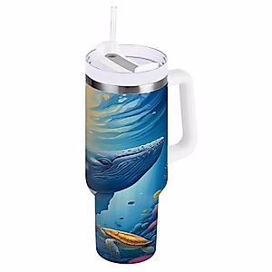 RPLIFE Underwater Scene Blue 40oz Tumbler with Handle, Stainless Steel Cups with Lid, Travel Coffee Tumbler
