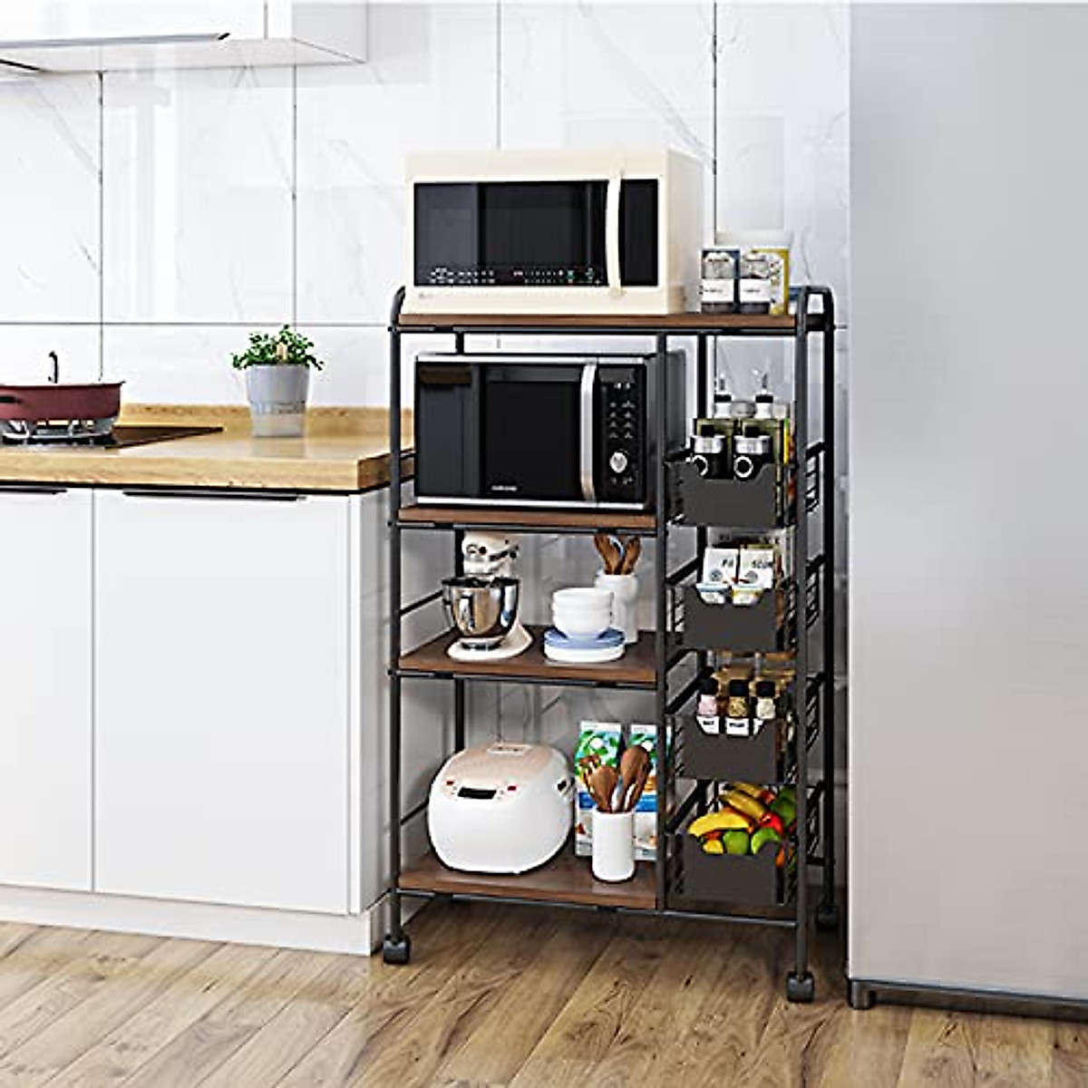 Home Multifunctional Storage Shelf with Lockable Wheels, 4 Tier Shelf+4 Tier Pull-out Storage Unit Materials Storage Rack Anti-collision Kitchen Organizer Rack for Bread, Kitchenware, Microwave