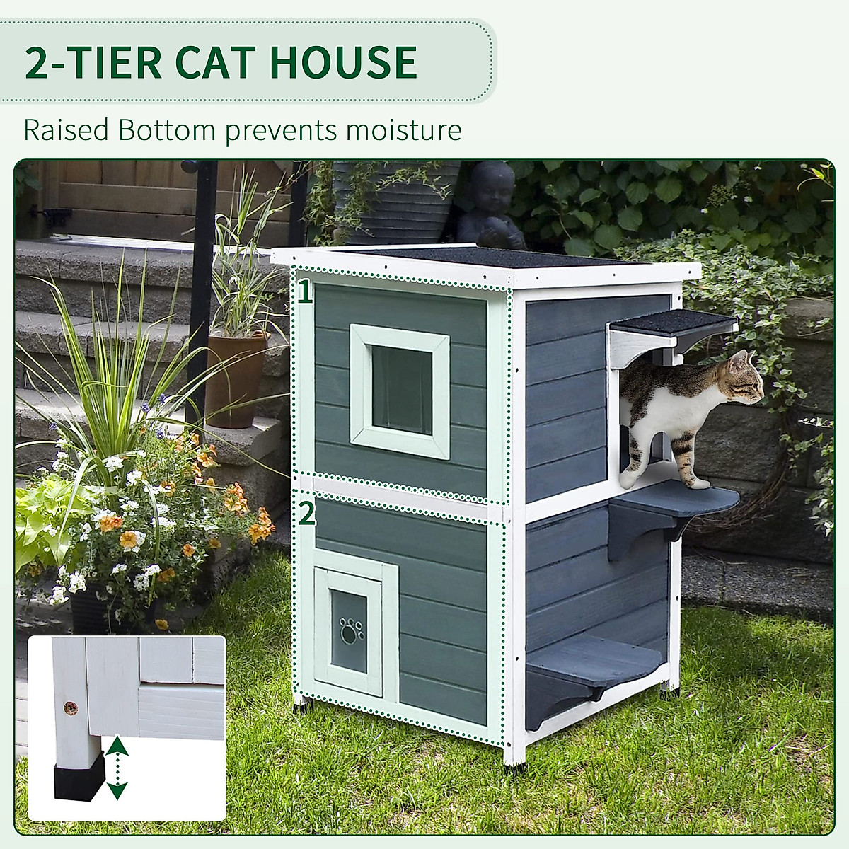 PawHut Outdoor Cat House with Escape Door, Weatherproof 2-Story Wooden Feral Cat Shelter with Opening Asphalt Roof, Dark Gray
