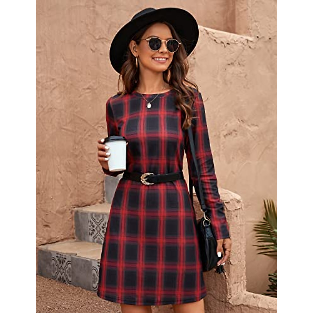 Blooming Jelly Women's Plaid Swing Dress Long Sleeve Round Neck Tunic Mini Dress(Large,Black and Red Plaid)