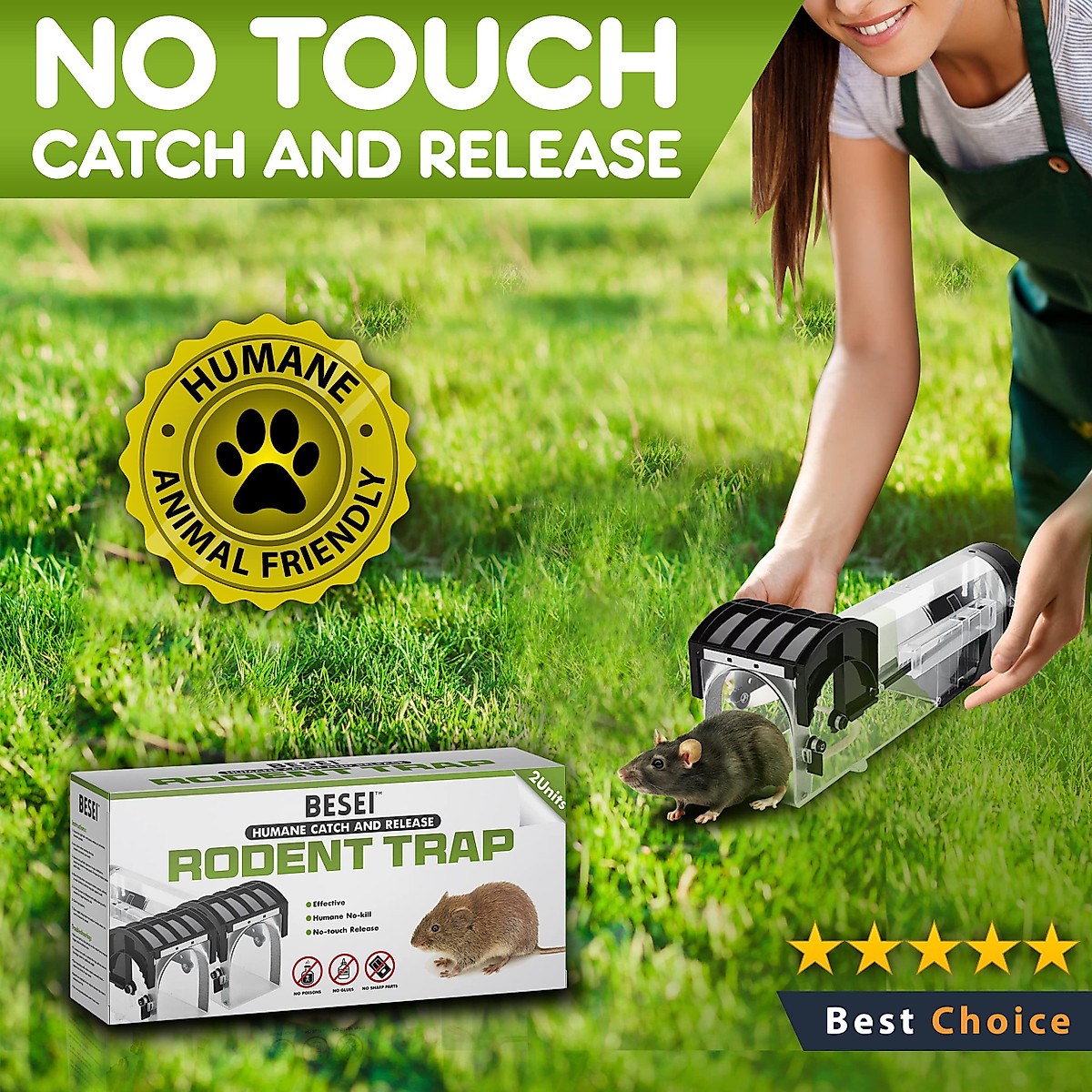 2-Pack, BESEI Humane Mouse Trap - Animal Friendly Rodent (Mouse and Rat) Trap, Catch and Release