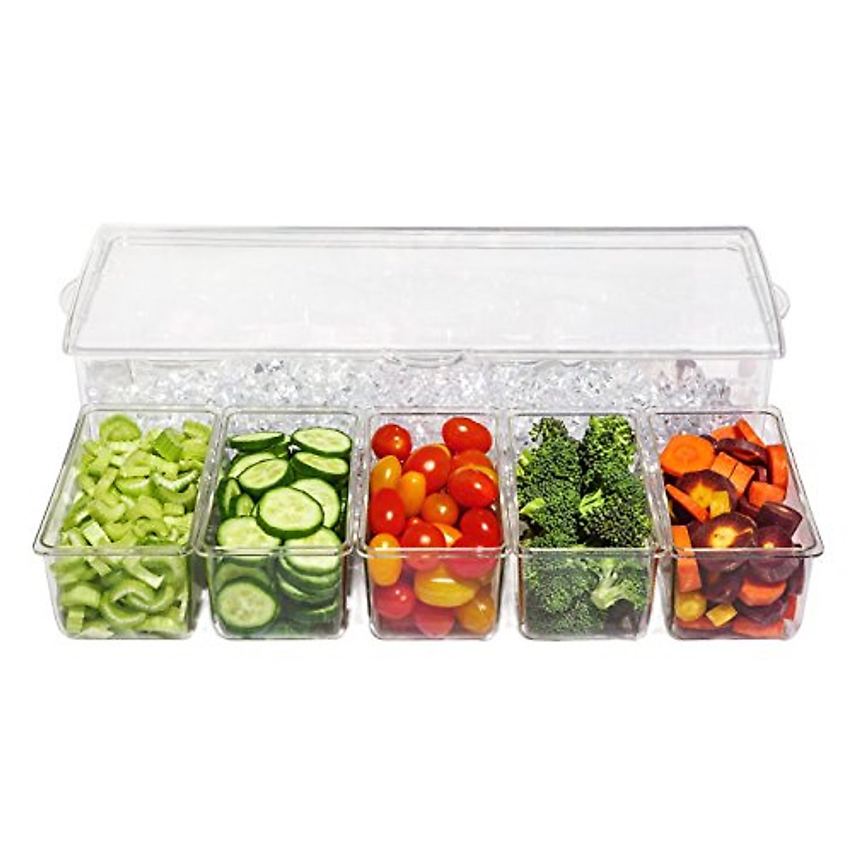 Ice Chilled 5 Compartment Condiment Server Caddy - Serving Tray Container with 5 Removable Dishes with Over 2 Cup Capacity Each and Hinged Lid | 3 Serving Spoons + 3 Tongs Included