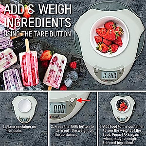 Taylor Digital Kitchen Scale with Glass Platform, Tare Button, and Plastic Body Weighs up to 11 Pounds Capacity, White
