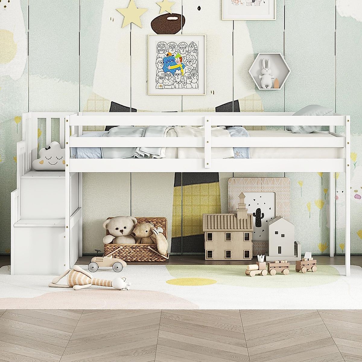 Twin Size Low Loft Bed with Stairs,Kids Loft Bed with Storage Staircase,Twin Bed Frame for Kids with Stairs,Wood Low Loft Bed Twin Size for Boys Girls,White