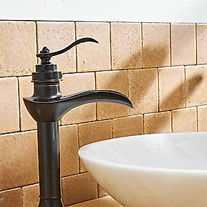 Bathfinesse Vessel Sink Faucet Bathroom Bowl Faucets Tall Oil Rubbed Bronze Farmhouse Waterfall Spout Lavatory Single Handle 1 Hole with Pop Up Drain Stopper and Supply Lines Lead-Free