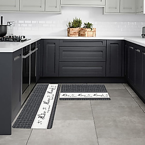 Kitchen Mat Rug Set of 2 Live Love Laugh Retro Gray Plaid Runner Rug Anti-Fatigue Comfort Memory Foam Standing Mat Non-Slip Floor Door Mat for Bathroom 18x30in+18x48in