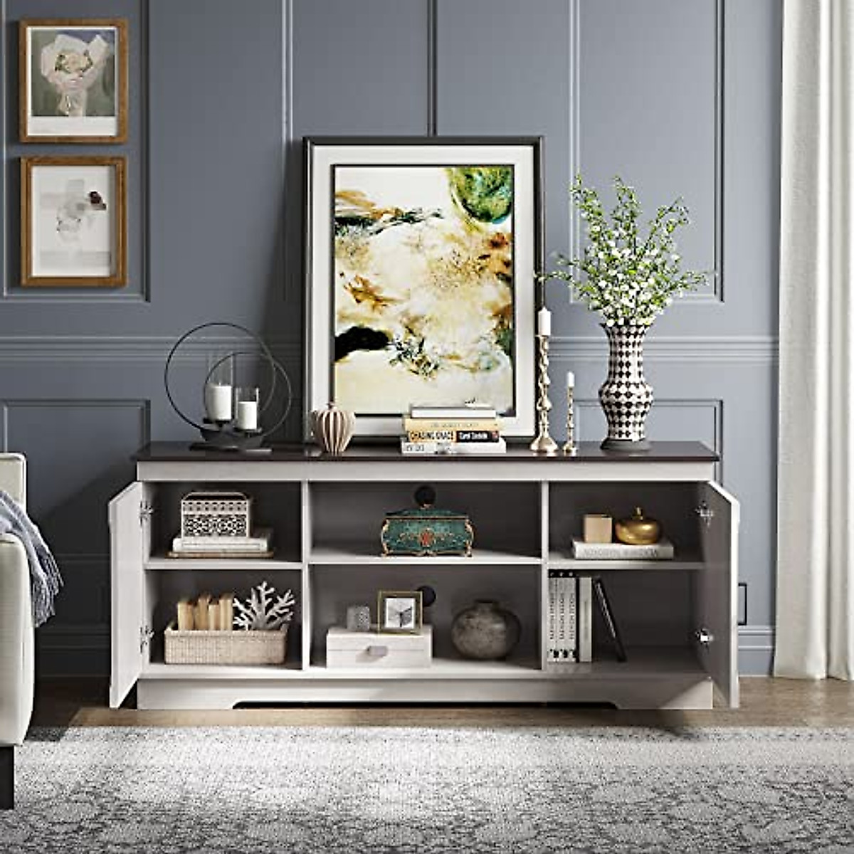 YITAHOME Buffet Cabinet, 59.5“ Farmhouse Sideboard Buffet Storage Cabinet with Barn Door Coffee Bar Cabinet with Capacity 300 lbs for Home Dinning Living Room, Grey White/Espresso, 26“ Height