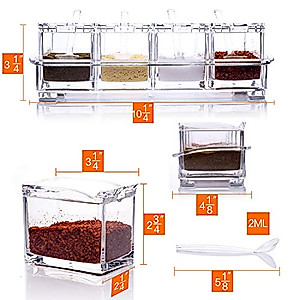 ME.FAN Clear Seasoning Rack Spice Pots - 4 Piece Acrylic Seasoning Box - Storage Container Condiment Jars - Cruet with Cover and Spoon