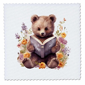 3dRose Cute Floral Bear Reading A Book Illustration - Quilt Squares (qs-384100-2)