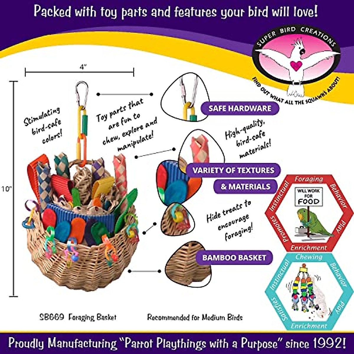 Super Bird Creations SB669 Wicker Foraging Basket Bird Toy with Array of Chewable Toys for Parrots, Medium Size, 10” x 4” x 5”, Varies, 1 Count (Pack of 1)