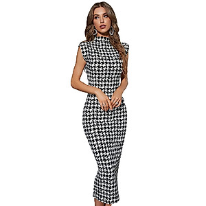 WDIRARA Women's Houndstooth Mock Neck Sleeveless Shoulder Pads Bodycon Dress Multicolored X-Large