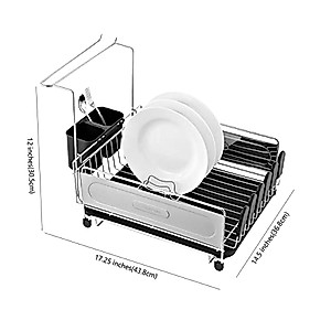 happimess DSH1000A Compact 17.25" Fingerprint-Proof Stainless Steel Dish Drying Rack, Dish Rack with Wine Glass Holder, Utensil Holder, Stainless Steel/Black, Silver/Black