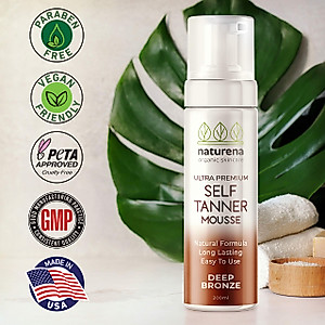 naturena Self Tanner Tanning Mousse with Organic & Natural Ingredients, Tanning Lotion, Sunless Tanning Lotion for Darker Bronzer Skin, 6.7 Fl Oz